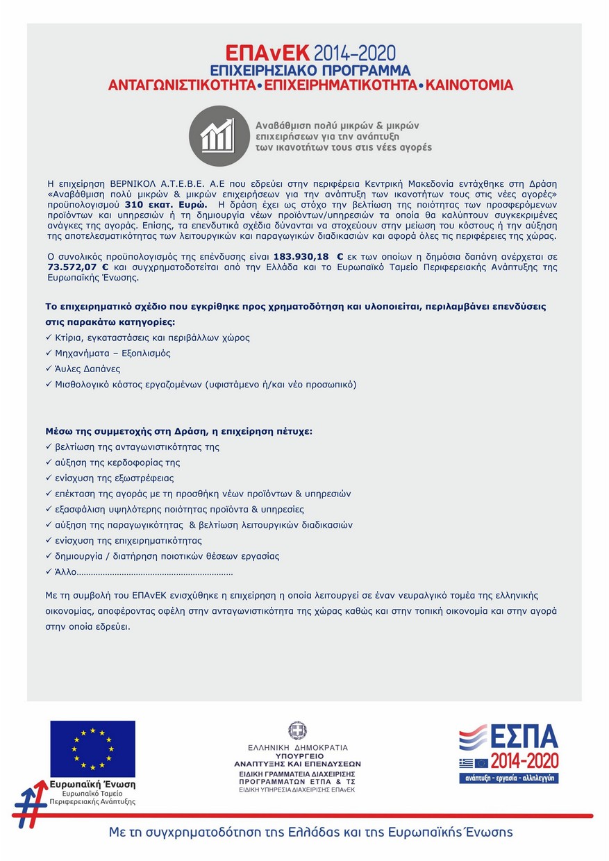 ΕΣΠΑ - Αναβάθμιση πολύ μικρών & μικρών επιχειρήσεων | Vernicol